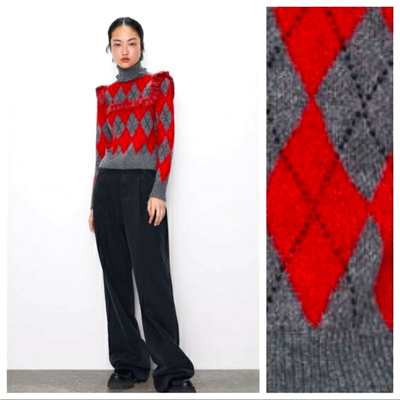 Zara | Sweaters | New Zara Argyle Sweater Ruffles | Poshmark